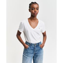 Gant Damen T-Shirt "REG SHIELD KA V-NECK T-SHIRT", wei&szlig;, Basic, Gr. L, unifarben, Jersey, Obermaterial: 100% Baumwolle, Shirts, mit einer kleinen