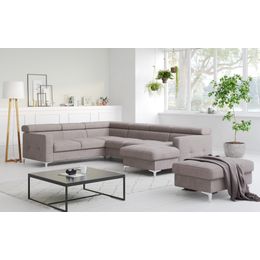 Wohnlandschaft COTTA, B:304cm H:74cm T:240cm, grau, NaturLEDER, die R&uuml;ckseite ist mit schwarzem und die Liegefl&auml;che der Bettfunktion ist mit beigem