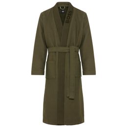 Morgenmantel BOSS, gr&uuml;n, Obermaterial: 70% Baumwolle, 30% Viskose, Hausm&auml;ntel, "Waffle Kimono", mit gro&szlig;em BOSS Logo aus Velours