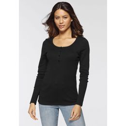 H.I.S. H.I.S Damen Langarmshirt "mit kurzer Knopfleiste", schwarz-wei&szlig;, Basic, Gr. 44, unifarben, Feinripp;Jersey;Rippware, Obermaterial: 100% Baumwolle,