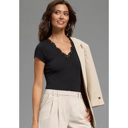 Laura Scott Damen Body, schwarz, Gr. 42, unifarben, Single Jersey, Obermaterial: 95% Baumwolle, 5% Elasthan, Bodys, mit Spitze, kurzarm, aus