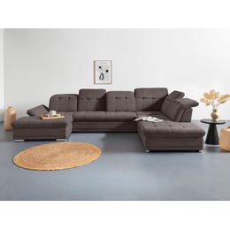 Wohnlandschaft COTTA, B:386cm H:86cm T:265cm, schwarz, 100% Polyester, Sofas, "Holiday U-Form mit Sitztiefen-, Armteil- und Kopfteilverstellung",