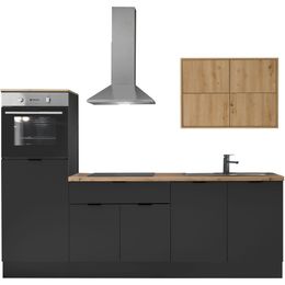 K&uuml;chenzeile KOCHSTATION, B:250cm H:220cm T:60cm, schwarz, Komplettk&uuml;chen-Sets, "KS-Georgia, mit 38mm starker Arbeitsplatte", Breite 250 cm, wahlweise
