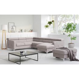 Wohnlandschaft COTTA, B:304cm H:74cm T:240cm, grau, NaturLEDER, die R&uuml;ckseite ist mit schwarzem und die Liegefl&auml;che der Bettfunktion ist mit beigem