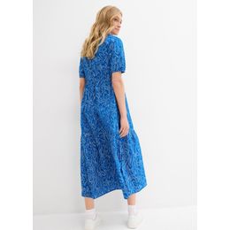 bonprix Damen Midikleid, blau, Gr. 46, Web, Obermaterial: 100% Baumwolle, Kleider, k&ouml;rperumspielende Form, mit Henleykragen, Halbarm-Design