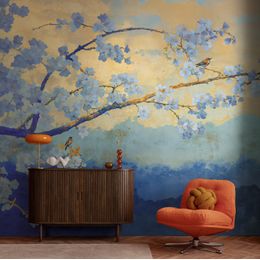 Livingwalls LIVING WALLS Fototapete "The Wall 4 Flowers &ndash; Bl&uuml;hende &Auml;ste vor Bergkulisse Vlies-Fototapete", B/L: 3,71m x 2,8m, Rollen: 1, blau, Schlafzimmer,