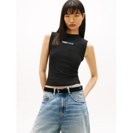 Tommy Jeans Damen T-Shirt "TJW SLIM ESS LOGO 2 RIB TANK", schwarz, Gr. M, unifarben, Single Jersey, Obermaterial: 95% Baumwolle, 5% Elasthan, Shirts,