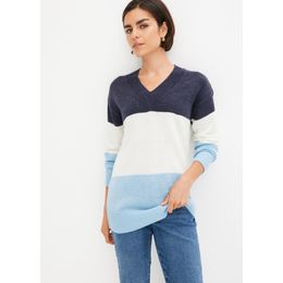 bonprix Damen Strickpullover "Pullover", wei&szlig;, Gr. 52, gestreift, Strick, Obermaterial: 100% Polyacryl, Pullover, mit V-Ausschnitt, bequeme Passform,