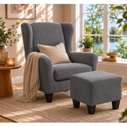 Ohrensessel OTTO HOME, B:84cm H:101cm T:84cm, grau, 100% Polyester;Karo Stoff (60% Polyester/40% Baumwolle);Velvet (100% Polyester);Luxus-Microfaser