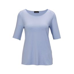 GOLDNER Damen Langarm-Poloshirt "Kurzgr&ouml;&szlig;e Kombistarkes Halbarmshirt mit tonaler Zierkante", blau, Gr. 22, Obermaterial: 90% Viskose CV. 10% Elasthan
