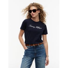 Tommy Hilfiger Damen T-Shirt "NOS SCRIPT REGULAR C-NK SHORT SLEEVE", blau, Gr. XXXL, unifarben, Jersey, Obermaterial: 100% Baumwolle, Shirts, mit
