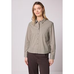Street One Damen Langarmbluse, beige, Gr. 46, gestreift, Web, 79% Baumwolle, 19% Polyamid, 2% Elasthan, Blusen, mit Brusttasche