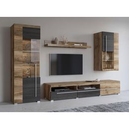Wohnwand OTTO HOME, B:255cm, grau, ABS-Kunststoff, Glas, Holzwerkstoff, Metall, Wohnzimmer, Kastenm&ouml;bel-Sets, "Roger,Breite 255 cm moderne Mediawand