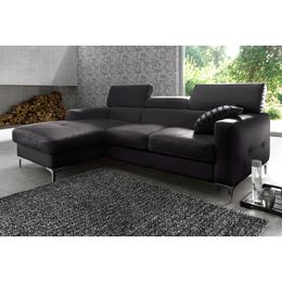 COTTA Ecksofa "Sammy L-Form", B/H/T: 226cm x 92cm x 105cm, Leder PAMPAS, Recamiere links, ohne Bettfunktion,mit Kopfteilverstellung, schwarz,