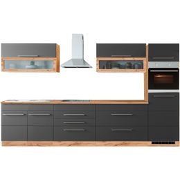 K&uuml;chenzeile KOCHSTATION, B:340cm T:60cm, schwarz, Komplettk&uuml;chen-Sets, "KS-Wien", Breite 340 cm, wahlweise mit E-Ger&auml;ten und Induktion