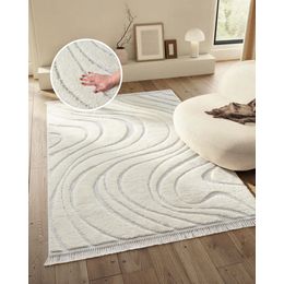 Teppich, B:120cm H:20mm L:180cm, wei&szlig;, HOMSY BY ANA JOHNSON, Kunstfaser, Wohnzimmer, Teppiche, "Waavy mit Fransen, Wellen Design", Boho, 3D Optik,