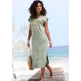 Damen Strandkleid "mit gl&auml;nzendem Foliendruck vorne, langes T-Shirt-Kleid"gr&uuml;n, Gr. 32, BEACHTIME BY LASCANA, unifarben, Jersey, Obermaterial: 68%