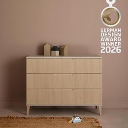 Wickelkommode Paidi, B:124cm H:95cm T:56cm, beige, Holzwerkstoff, MDF, Wickelkommoden, "JONTE in Beige & Eichefarben, 3 Schubladen mit Soft-Close,