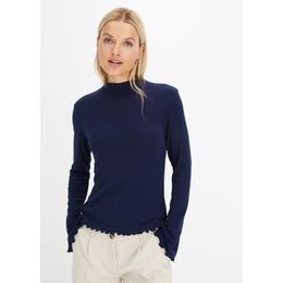 bonprix Damen Langarmshirt "Geripptes Langarmshirt", blau, Gr. 56, unifarben, Rippware, Obermaterial: 67% Polyester, 29% Viskose, 4% Elasthan,