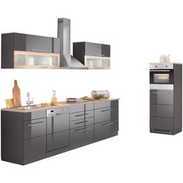 K&uuml;chenzeile KOCHSTATION, B:350cm T:60cm, grau, Komplettk&uuml;chen-Sets, "KS-Wien", Breite 350 cm, wahlweise mit E-Ger&auml;ten und Induktion