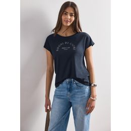 Street One Damen Shirttop, blau, Gr. 36, Glitzermuster, bedruckt, Jersey, Obermaterial: 50% Baumwolle, 50% Modal, Tops, Sommershirt mit Wording