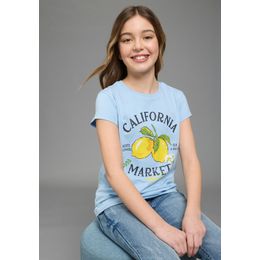Kangaroos M&auml;dchen T-Shirt "Kangaroos T-Shirt Zitrone", blau, Gr. 140, bedruckt, Single Jersey, Obermaterial: 100% Baumwolle, Shirts, f&uuml;r M&auml;dchen,