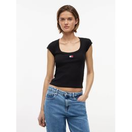 Tommy Jeans Damen Kurzarmshirt "TJW SLIM RIB BADGE TEE EXT", schwarz, Gr. M, unifarben, Single Jersey, Obermaterial: 95% Baumwolle, 5% Elasthan,
