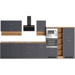 K&uuml;chenzeile KOCHSTATION, B:390cm H:200cm T:60cmk&uuml;che: grau, front: anthrazit, korpus: grafitgrau, arbeitsplatte: wotaneiche, Komplettk&uuml;chen-Sets,