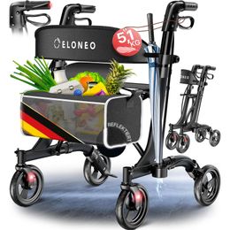 ELONEO Rollator faltbar und leicht mit Sitz - ultraleicht (5,1kg), Leichtgewicht-Reiserollator aus Aluminium, Gehhilfe h&ouml;henverstellbar und faltbar, Laufhilfe mit Tasche & Schirmhalter, schwarz