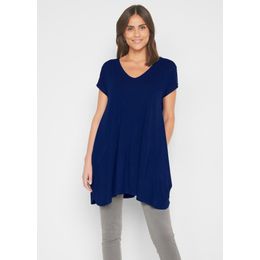 bonprix Damen Longshirt, blau, Gr. 36, Jersey, Obermaterial: 95% Viskose, 5% Elasthan, Shirts, A-Linie Passform, mit Eingrifftaschen, tiefer