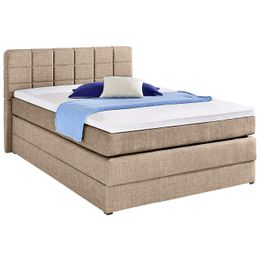 Boxspringbett Hapo, beige, Das Bett ist mit pflegeleichtem Feinstrukturstoff in Leinenoptik (100% Polyester) bezogen.;Die Oberseite der Unterfederung