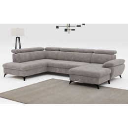 Wohnlandschaft COTTA, B:324cm T:207cm, grau, Sofas, "Hudson U-Form, B: 324 cm", mit Kopfteilverstellung, optional Schlaffunktion & Bettkasten