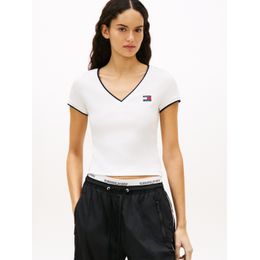 Tommy Jeans Damen Kurzarmshirt "TJW SLIM BADGE V-NECK TEE", wei&szlig;, Gr. L, unifarben mit Farbeinsatz, Single Jersey, Obermaterial: 95% Baumwolle, 5%