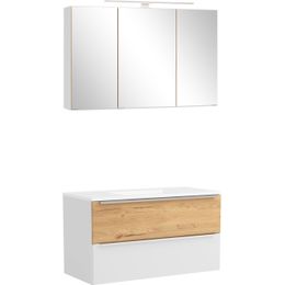 Badm&ouml;bel-Set Welltime, B:100cm H:200cm T:47cm, wei&szlig;, MDF, Kastenm&ouml;bel-Sets, "TRIENT, Set: Spiegelschrank und Waschtisch", matt wei&szlig;/wildeiche,