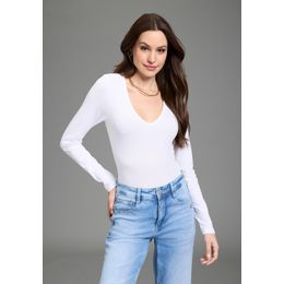Laura Scott Damen Langarmbody, wei&szlig;, Basic, Gr. 48, Jersey, Obermaterial: 95% Baumwolle, 5% Elasthan, Bodys, mit V-Ausschnitt, figurbetonte Passform,