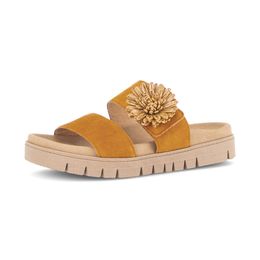 Gabor Damen Pantolette, Gr. 37, gelb, Veloursleder, unifarben, Schuhe, Plateau, Sommerschuh, Schlupfschuh mit Bast-Zierbl&uuml;te