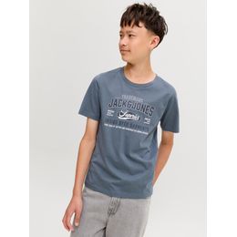 Jack & Jones Kinder Rundhalsshirt "JJELOGO TEE SS O-NECK 2 COL AW26 SN JNR", blau, Gr. 128, JACK & JONES JUNIOR, bedruckt, Single Jersey, Obermaterial: 100%