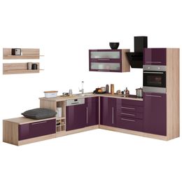 Winkelk&uuml;che KOCHSTATION, B:300cm H:200cm T:60cm, lila, Komplettk&uuml;chen-Sets, "KS-Samos", Stellbreite 300x250 cm, wahlweise mit E-Ger&auml;ten und