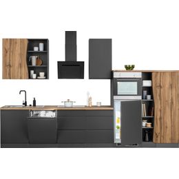 K&uuml;chenzeile KOCHSTATION, B:380cm H:200cm T:60cm, schwarz, Komplettk&uuml;chen-Sets, "KS-Bruneck", 380 cm breit, Ceran-oder Induktionskochfeld, hochwertige