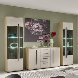 Pharao24.de Wohnwand Wohnzimmer Anbauwand in Beigegrau und Wildeiche Bianco (dreiteilig)