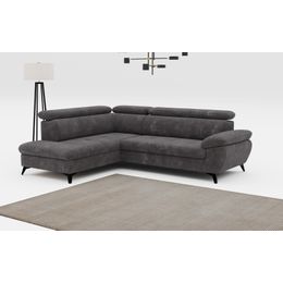 Ecksofa COTTA, B:256cm H:100cm T:207cm, grau, Wohnzimmer, Sofas, "Hudson", mit Kopfteilverstellung, optional Schlaffunktion & Bettkasten