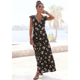 Vivance Damen Maxikleid "mit V-Ausschnitt und Blumendruck", schwarz, Gr. 44, bedruckt, Jersey, Obermaterial: 100% Viskose, Kleider, langes