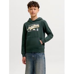 Jack & Jones Kinder Kapuzensweatshirt "JJELOGO SWEAT HOOD 2 COL AW26 SN JNR", gr&uuml;n, Gr. 128, JACK & JONES JUNIOR, bedruckt, angeraute Sweatware, Obermaterial: 70%