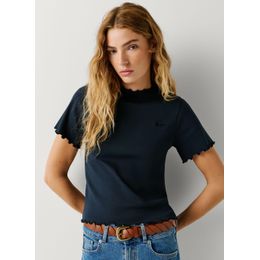 Pepe Jeans Damen T-Shirt "NORA", blau, Gr. XS, unifarben, Feinripp, Obermaterial: 95% Baumwolle, 5% Elasthan, Shirts, mit gewellten Abschl&uuml;ssen