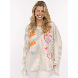 Zwillingsherz Damen Hemdbluse ""Rock n' Roll Patches""beige, gestreift, mehrfarbig, Web, Obermaterial: 100% Baumwolle, Blusen, gestreift, l&auml;nger