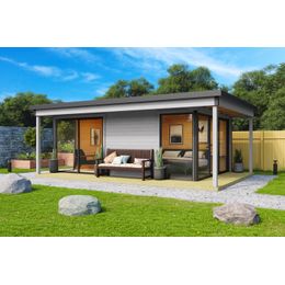 Gartenhaus Lasita Maja, grau, Massivholz, Gartenh&auml;user, "Domeo 3 Loggia", mit &Uuml;berdachung, Position der Zwischenwand flexibel