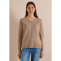 Cecil Damen V-Ausschnitt-Pullover, beige, Basic, Gr. S, unifarben, Web, 60% Baumwolle, 40% Viskose, Pullover, im soften Baumwoll-Mix