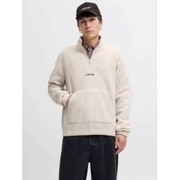 Jack & Jones JACK & JONES Herren Fleecepullover "JJSOHO HALFZIP FLEECE", beige, Gr. L, bedruckt, angeraute Sweatware, Obermaterial: 100% Polyester, Sweatshirts,