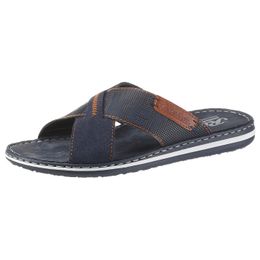 Rieker Herren Pantolette, Gr. 41, blau, Leder, Lederimitat, kontrastfarbene Details, Schuhe, Sommerschuh, Schlappen, Poolslides, mit Kontraststeppung