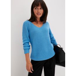 bonprix Damen Strickpullover "Gerippter Pullover aus reiner Baumwolle", blau, Gr. 52, unifarben, Strick, Obermaterial: 100% Baumwolle, Pullover, aus